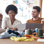 Fashion, design and leadership, team at workshop with ideas for pattern ...