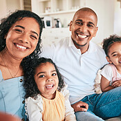 Happy family, portrait and smile for selfie, photo or profile picture ...