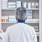 Back, pharmacy and checklist with woman in store for inventory ...