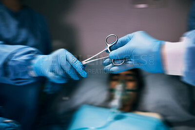 Hospital scissors, surgery and doctors hands in theatre for medical ...