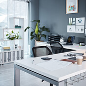 Empty office, interior and workspace with furniture, table and ...