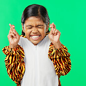 Hope, excited and a girl with a gesture on a green screen isolated on a ...