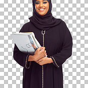 A Portrait, islam and books with a student woman for learning or ...