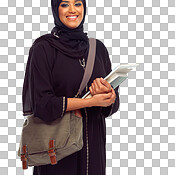 A Portrait, muslim and study with a student woman holding books for ...