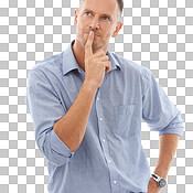 Thinking, businessman with idea and finger on mouth, focus and ...