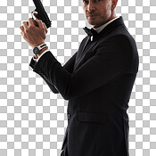 Secret agent man with gun for law, action movie or security of a ...