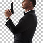 Spy man, profile and gun with suit for undercover mission, justice or ...