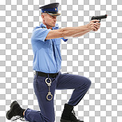 Man, police officer and pointing gun ready to fire or shoot. Male ...