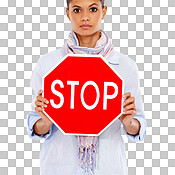 A Woman in portrait with stop road sign, traffic rules and caution with ...