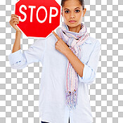 Woman, pointing at stop sign and portrait with traffic rules for ...