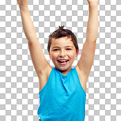 Children, portrait and winner with a boy standing arms raised in ...