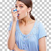 Asthma, anxiety and woman portrait with medicine inhaler for breathing ...
