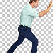 A Man, pushing and obstacle or frame in struggle . Isolated casual male ...