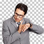 A handsome executive tapping his watch while isolated on a png ...