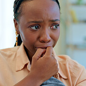 Sad, depression and thinking black woman with a problem, anxiety and ...