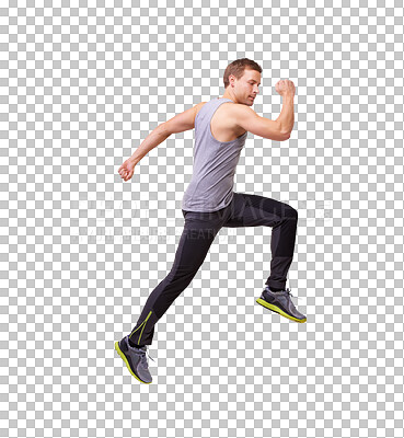 Sideways studio shot of a man jogging across the frame isolated on a ...