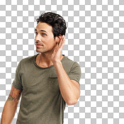 PNG of a handsome young man cupping his hand behind his ear to hear ...