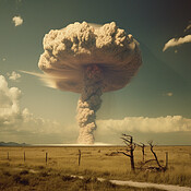 Military, apocalypse and nuclear explosion of bomb in countryside for ...