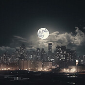 Moon, cityscape and night view with buildings, infrastructure and urban ...