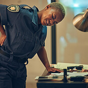 Police, woman and back pain in a cop station with spine problem and ...