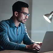 Laptop, screen and business man for coding, software development and ...