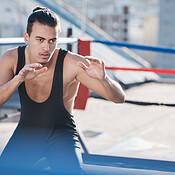 Man, wrestler and fight with in ring training on rooftop with for sport ...