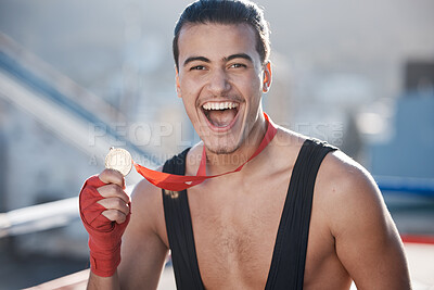 Winner, wrestler or portrait of happy man with medal to celebrate ...