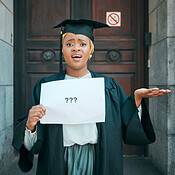 College student portrait, question mark and black woman confused over ...