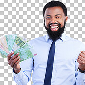 Winner, money and portrait of black man in studio for lottery ...