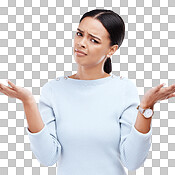 Portrait of confused woman shrug in studio, isolated white background ...