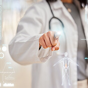 Doctor, hands and medical screen hologram, biometric data and ...