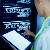 Electrician, tablet screen and control room, man with mockup and ...