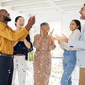 Success, confetti and party with business people in office for winner ...