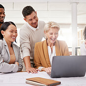 Business people, teamwork and collaboration on computer with marketing ...