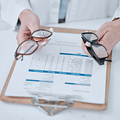 Clipboard, optometry and glasses for vision and eye care or wellness in ...