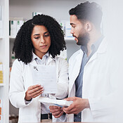 Pharmacy, workers and report check with conversation, teamwork and ...