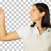 Mockup, green screen and woman pointing at product placement space isolated in a studio studio ...