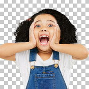 Shocked, surprise and child hands on face screaming and excited, happy ...