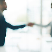 Interview, blur and business people handshake for partnership and ...