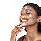 Happy woman, face and skincare science with overlay on mockup space in ...