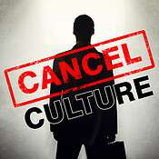 Cancel culture, overlay and silhouette of person in studio for bias ...