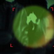 Military, enemy and target in night vision, overlay or dark green ...