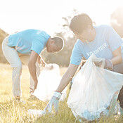 Nature recycling, community service volunteer and woman cleaning ...