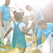Nature team, volunteering family and child cleaning garbage pollution ...