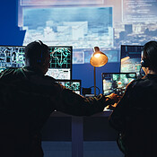 Army control room, computer and team in surveillance, help and ...