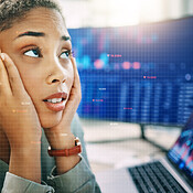 Programmer, stress and woman with computer screen, headache and burnout ...