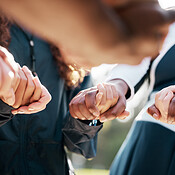 Cheerleader support, team holding hands and group prayer for help, care ...