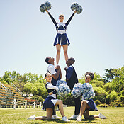 Cheerleader team portrait, smile and formation of people for ...