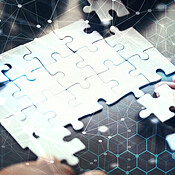 Collaboration, business and hands with puzzle in overlay at workshop ...