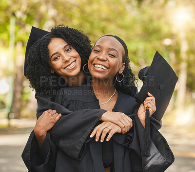 Graduate diploma, happy women portrait and friends celebrate learning ...